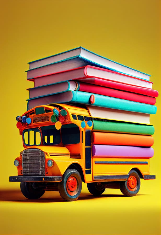 Shelf with Books with School Bus Stock Illustration - Illustration of ...