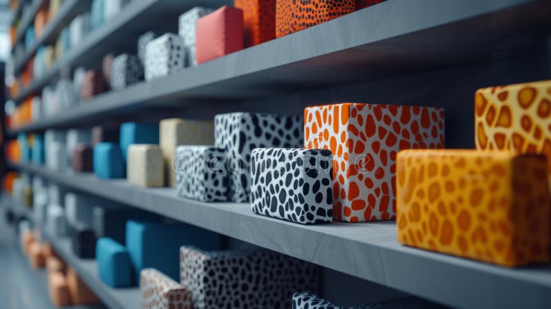 A Shelf of a Bunch of Boxes with Different Patterns on Them, AI Stock ...