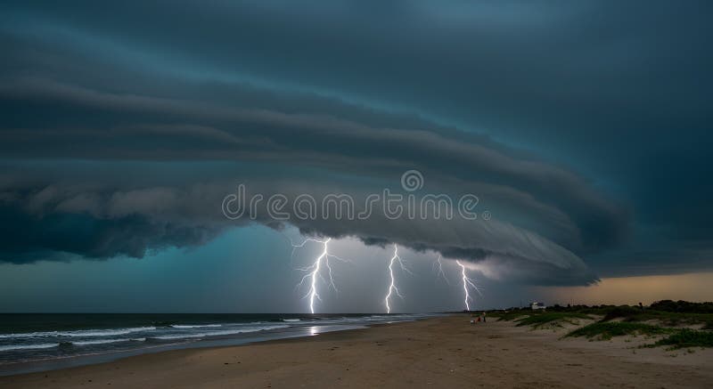 Spectacular Shelf Cloud and Lightning Storm Over Coastal Beach at Night ...