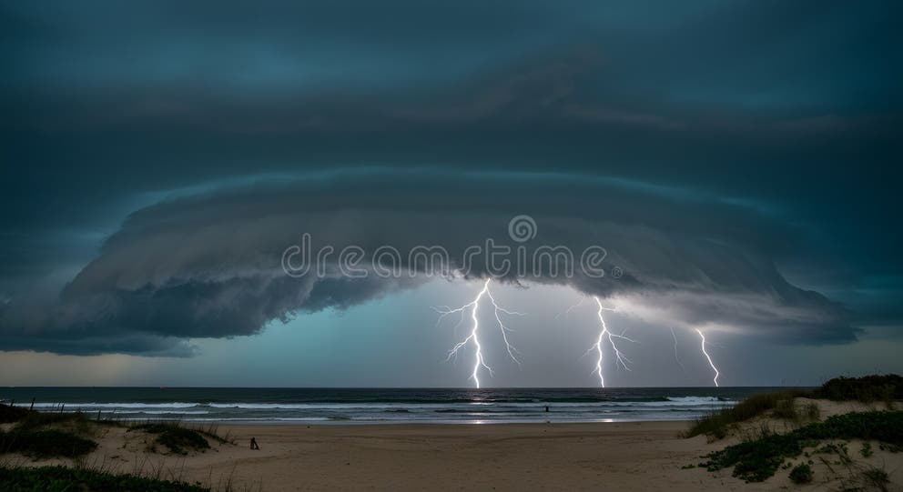 Spectacular Shelf Cloud with Multiple Lightning Strikes Over Coastal ...