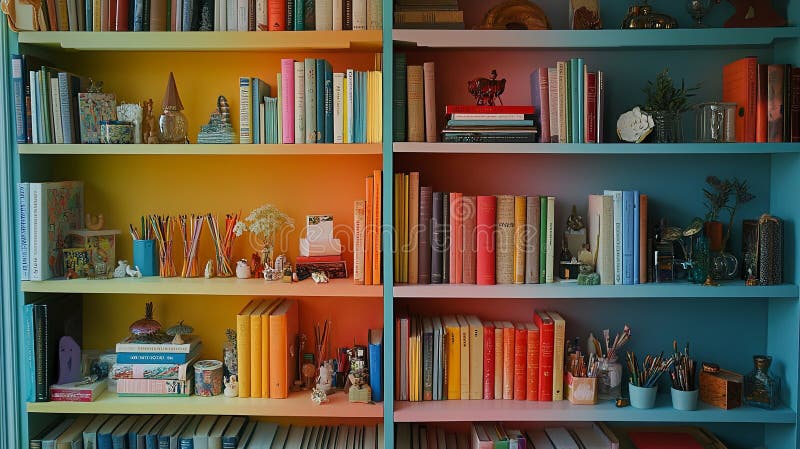 Shelf with Color-coded Books and Tiny Objects . Stock Image - Image of bookstore, business ...