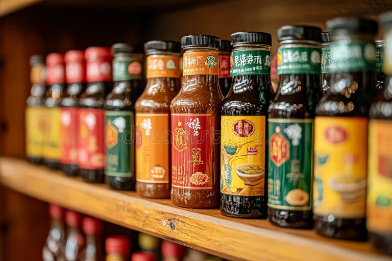 Shelf of Condiments with Asian Sauces on it Stock Photo - Image of ...