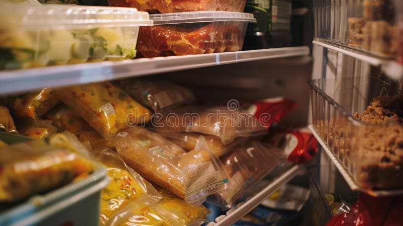 A Shelf in a Deep Freezer Cluttered with Various Packages of Frozen ...