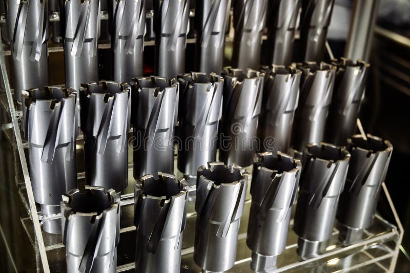 Shelf Display of Sharp Metal Drilling Tools. Industrial Cutters for ...