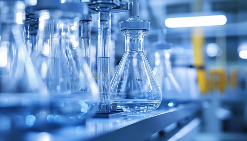 A Shelf Displays Multiple Glass Flasks in a Laboratory Setting. Stock ...