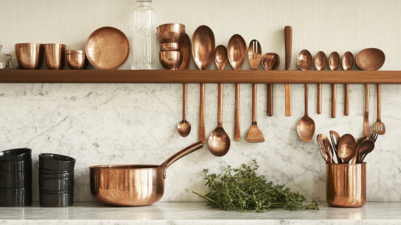 A Shelf Displays Numerous Copper Utensils Above a Kitchen Counter ...