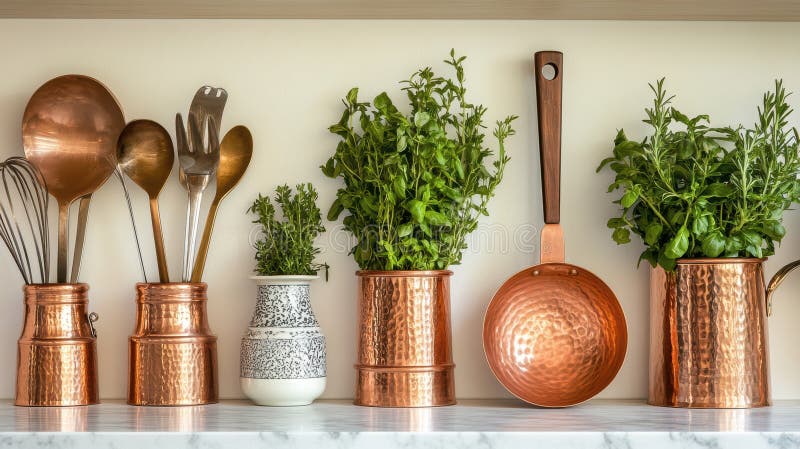 A Shelf Displays Various Copper Pots Filled with Plants and Kitchen ...