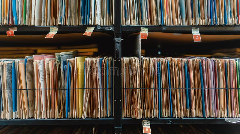 Shelf with File Folders in a Archives. Patient History Document in ...