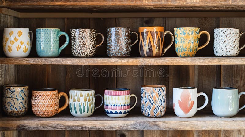 A Shelf Filled with Ceramic Mugs, Each with Unique Designs and Stock ...