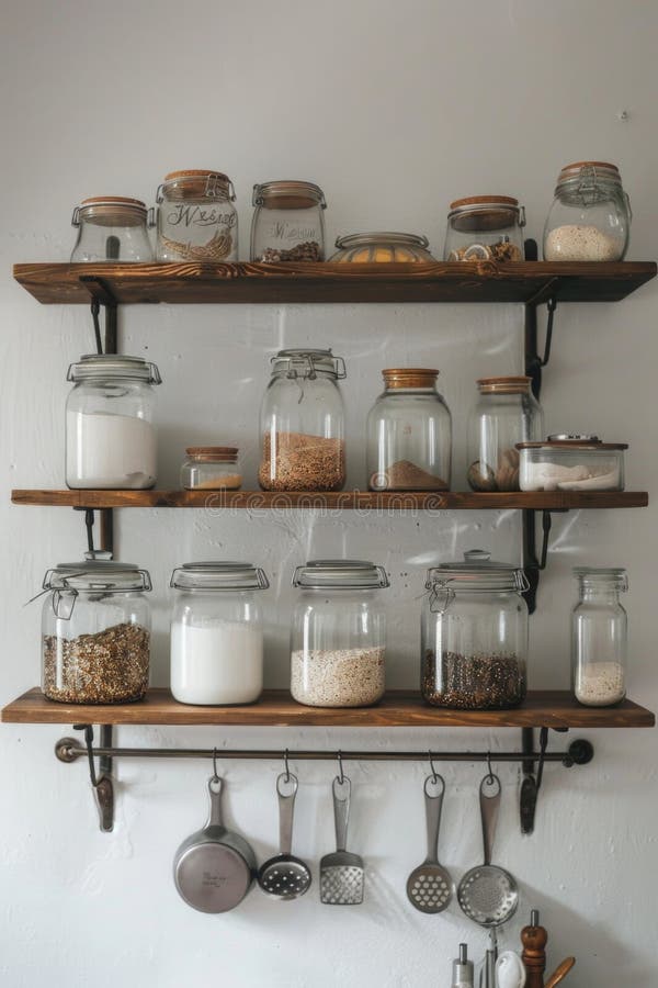 A Shelf Filled with Glass Jars and Utensils, Perfect for Kitchen ...