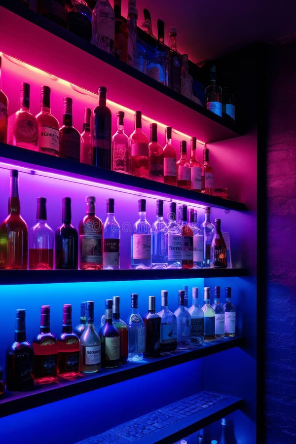 Shelf Filled with Lots of Bottles of Liquor in Room with Neon Lights ... Shelf Filled with Lots of Bottles of Liquor in Room with Neon Lights ...