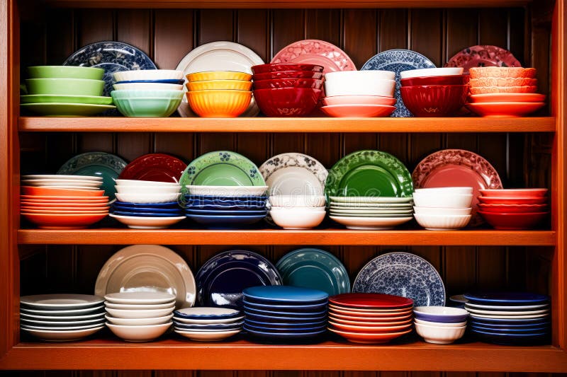 Shelf Filled with Lots of Different Colored Plates and Bowls ...
