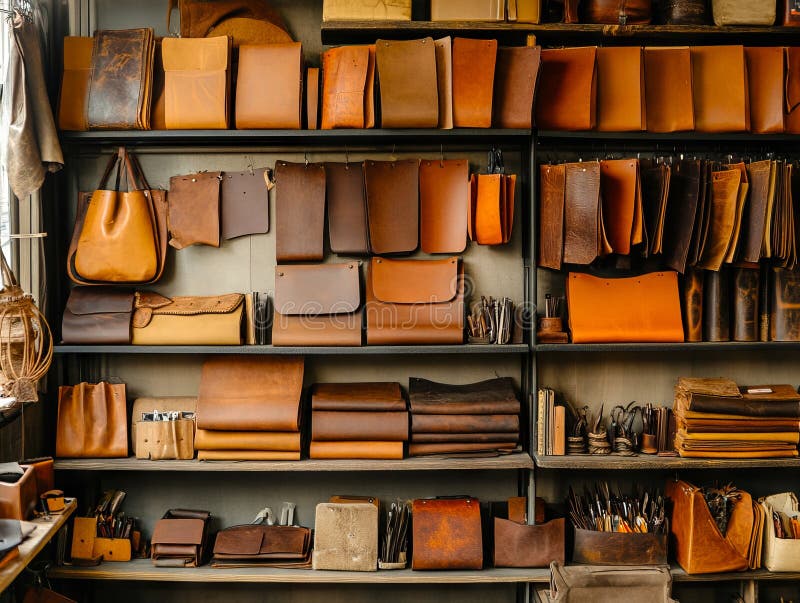 A Shelf Filled with Lots of Different Types of Leather Bags Stock Photo ...