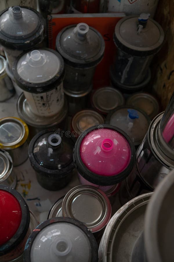 Shelf full of paint cans stock image. Image of container - 251690347