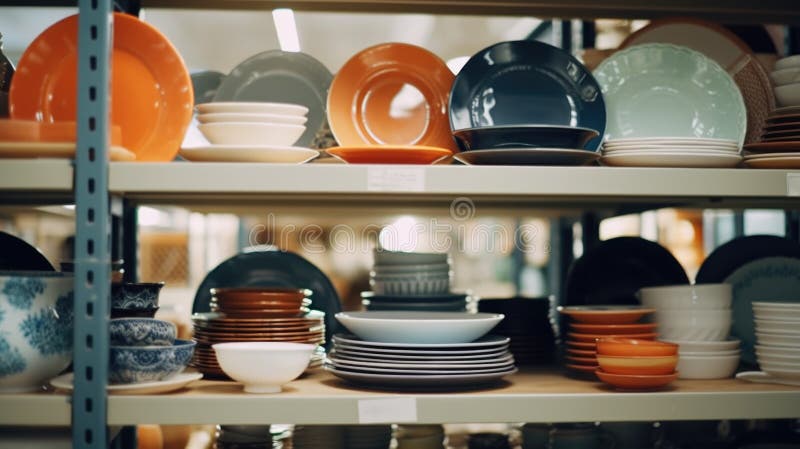 Shelf Full of Plates and Bowls of Various Colors and Sizes Stock Photo ...