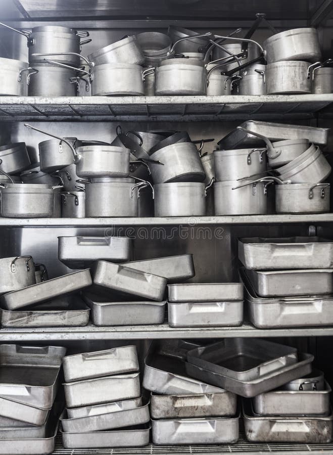 Shelf full of pots stock image. Image of catering, indoors - 35779907