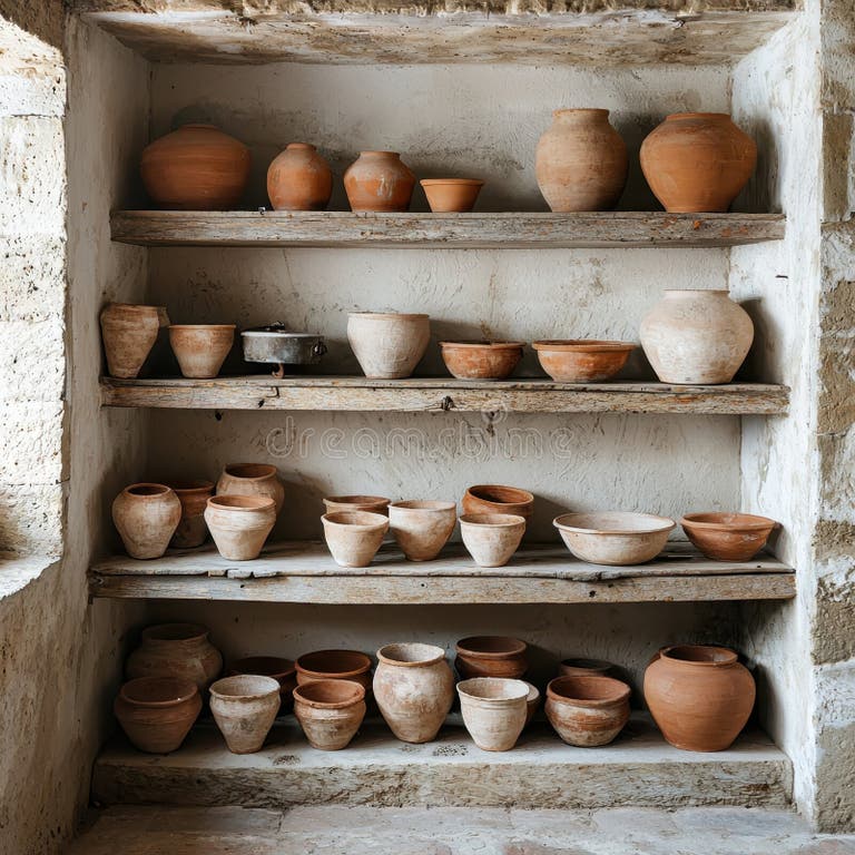 Shelf of Handcrafted Pottery in Earthy Tones Stock Photo - Image of ...