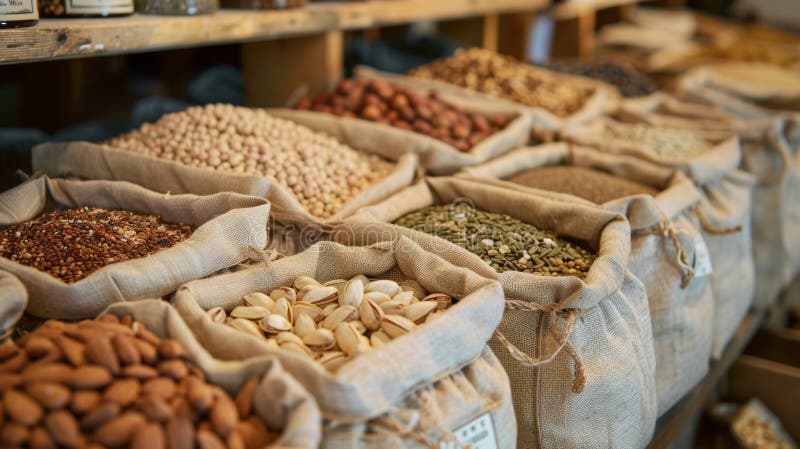 A Shelf Lined with Cloth Bags Filled with a Variety of Nuts and Seeds ...