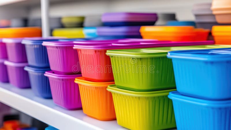 A Shelf with Many Different Colored Containers of Food on it, AI Stock ...