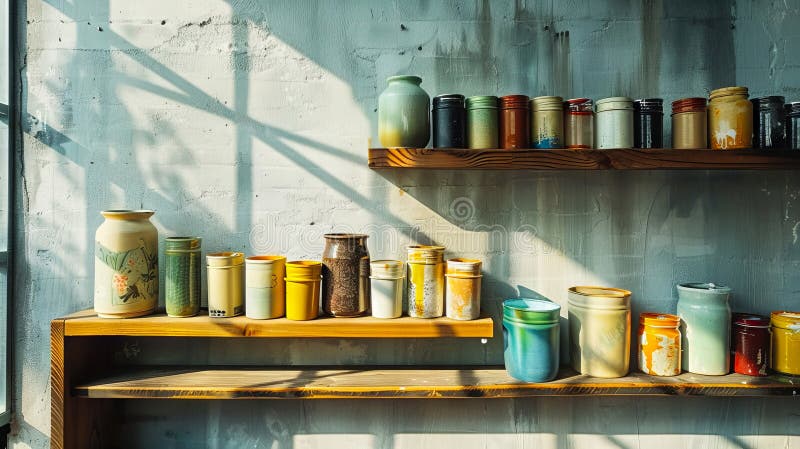 A Shelf with Many Different Colored Jars Stock Image - Image of ...