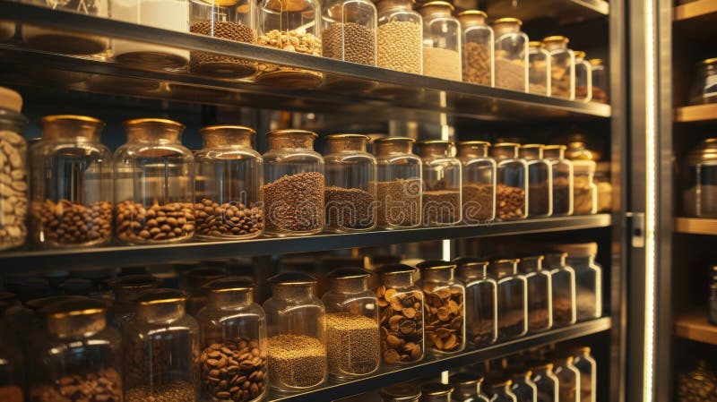 A Shelf with Many Jars Containing Various Types of Food Stock Photo ...
