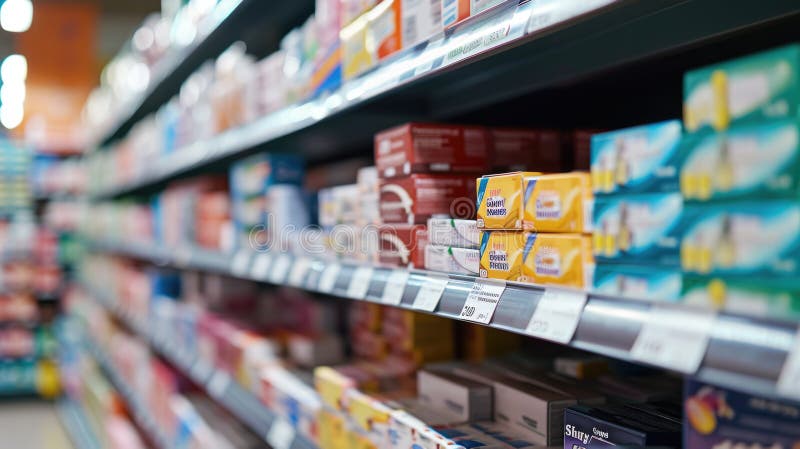 Shelf in a Pharmacy Stocked with Various Medication Boxes, with a Focus ...