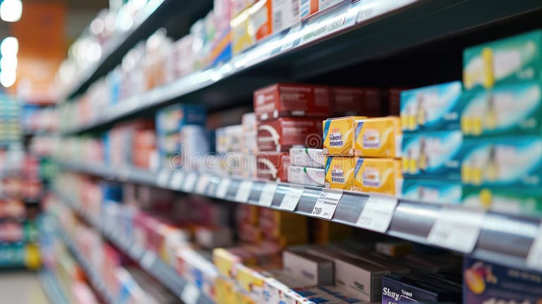 Shelf in a Pharmacy Stocked with Various Medication Boxes, with a Focus ...