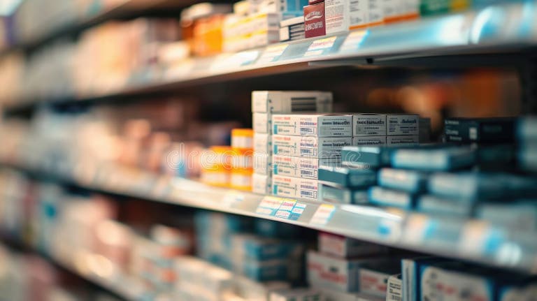 Shelf in a Pharmacy Stocked with Various Medication Boxes, with a Focus ...