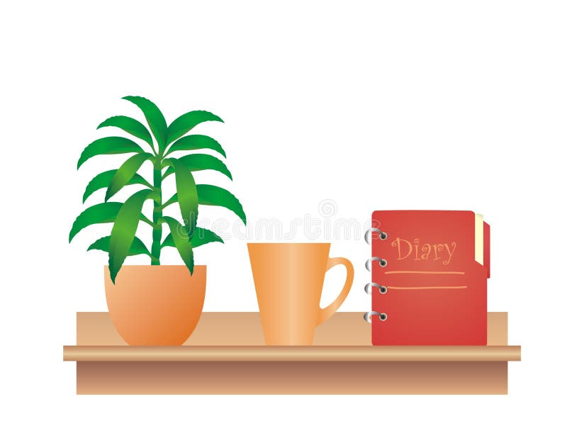 Shelf with Plant, Cup and Diary Stock Vector - Illustration of painting ...