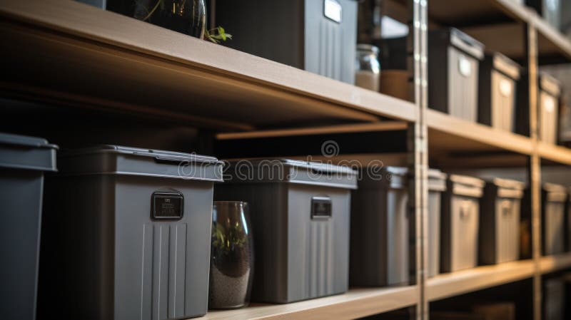 A Shelf with Several Containers on it, AI Stock Photo - Image of modern ...