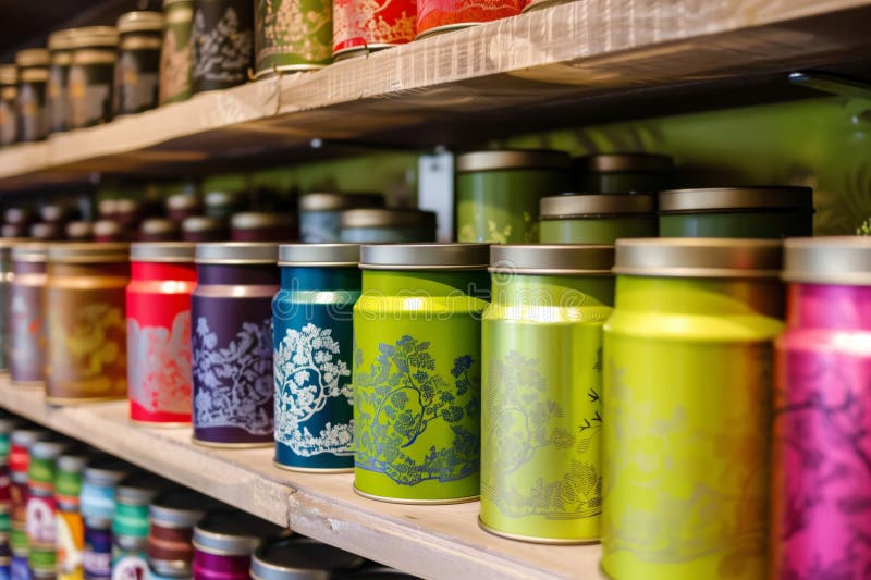 Shelf Stocked with Colorful Tea Tins in a Row Stock Image - Image of ...
