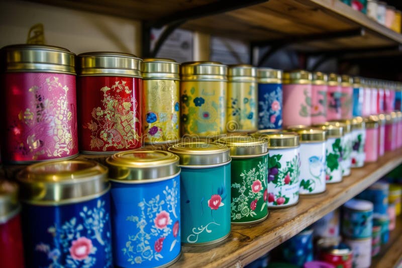 Shelf Stocked with Colorful Tea Tins in a Row Stock Photo - Image of ...