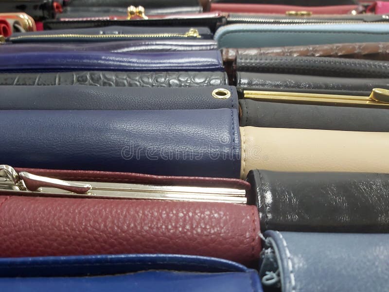 Shelf with Various Wallets of Different Colors in the Store, Close-up ...