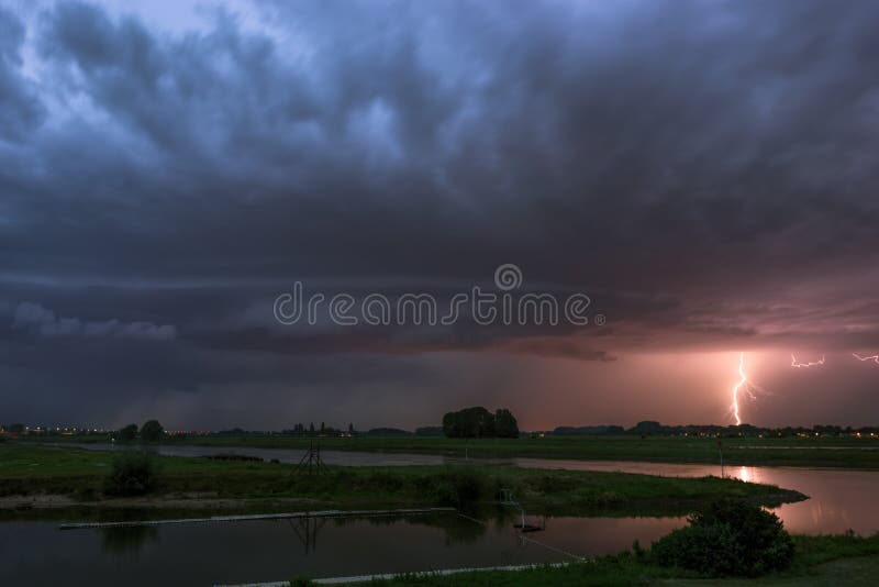 Shelfcloud and Lightning from a Severe Thunderstorm Near a River at ...