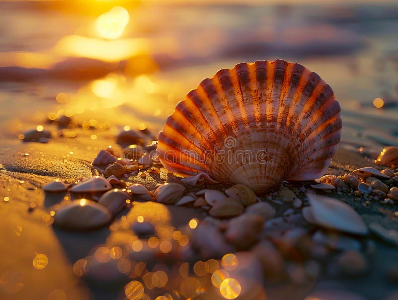 A Shell on the Beach at Sunset Stock Photo - Image of generated, shell ...