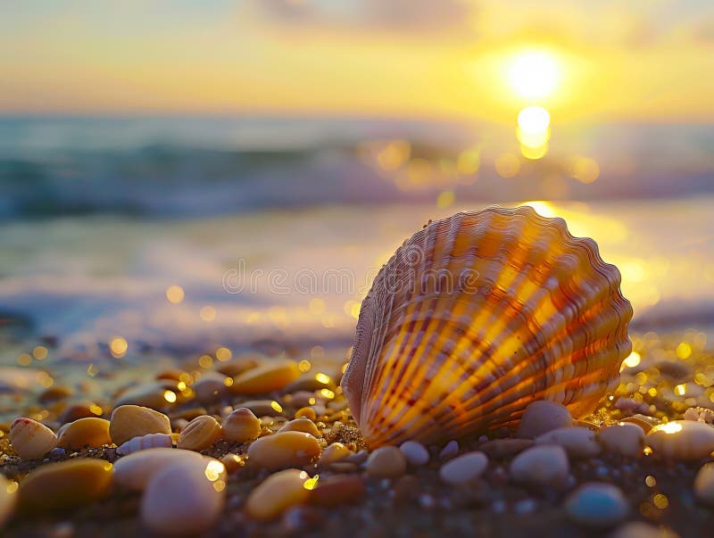 A Shell on the Beach at Sunset Stock Photo - Image of outdoor, snail ...