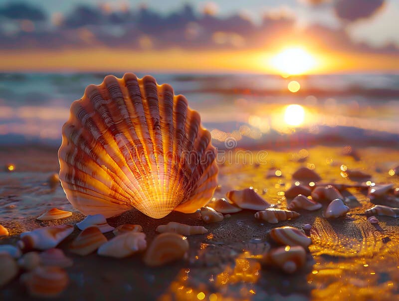 A Shell on the Beach at Sunset Stock Photo - Image of sand, ocean ...