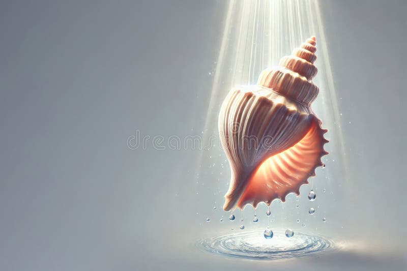 A Shell in a Beam of Light with Drops of Water. Space for Text. Stock ...