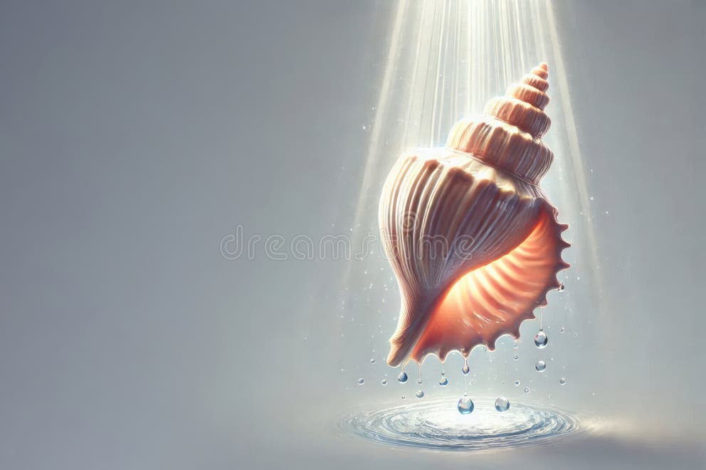 A Shell in a Beam of Light with Drops of Water. Space for Text. Stock ...