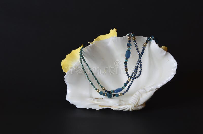 Shell with Blue Pearls and Beads on Black Stock Image - Image of ...