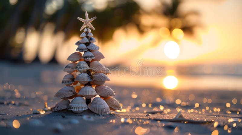 Shell Christmas Tree on Sunset Beach with Palm Trees in the Background ...