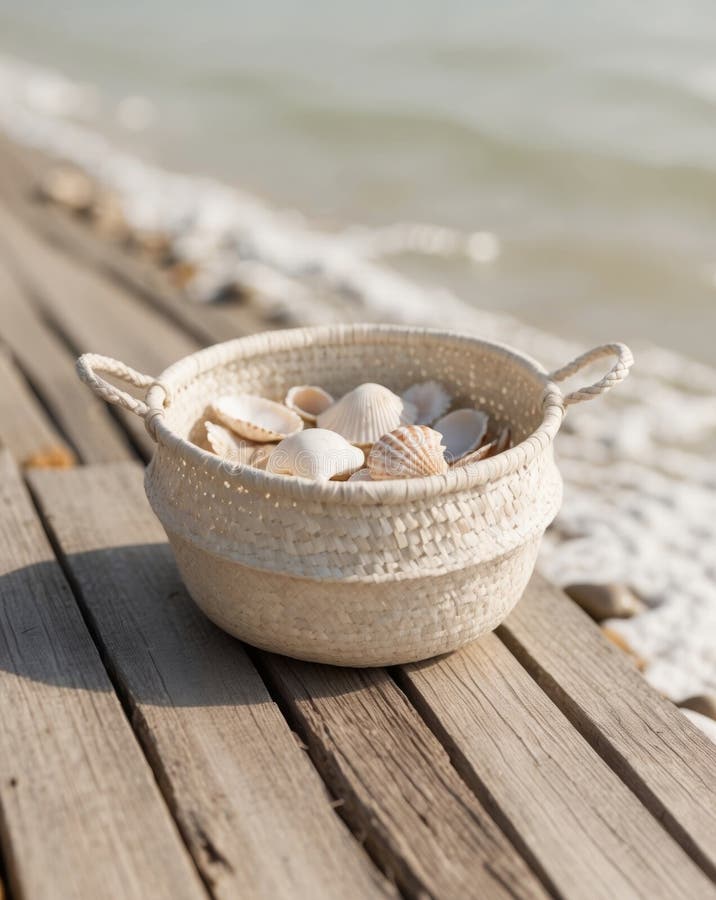 Shell Collection in Woven Basket by the Shoreline. Stock Photo - Image ...