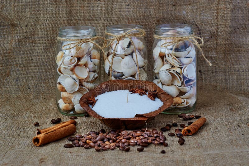 Shell Filled Bottles Composition and Candlestick with Dry Wax Stock ...