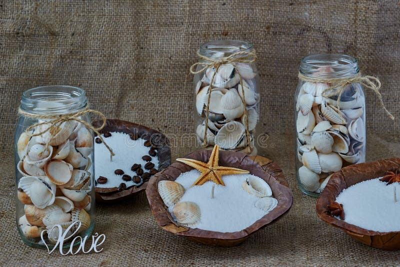 Shell Filled Bottles Composition and Candlestick with Dry Wax Stock ...