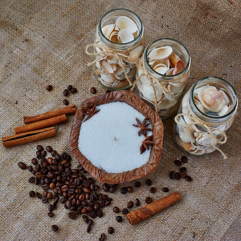 Shell Filled Bottles Composition and Candlestick with Dry Wax Stock ...