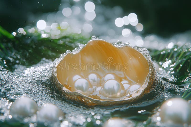 A Shell Filled with Pearls Sitting on the Surface of Calm Water ...