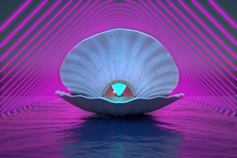 Shell with a Golden Pearl on the Surface of the Water with Neon Strips ...