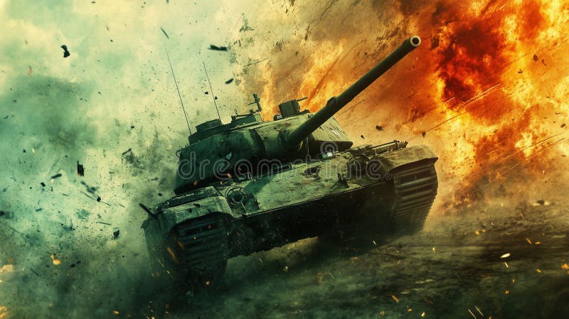 Shell Hits Tank Creating a Fiery Explosion with Sparks and Debris ...
