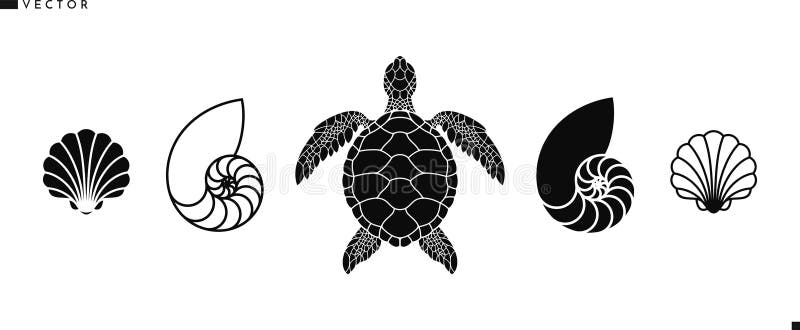 Shell Icon Set. Isolated Sea Turtle Nautilus Shell and Scallop Stock ...