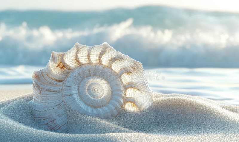 A Shell is Laying on the Sand, with the Ocean in the Background Stock ...